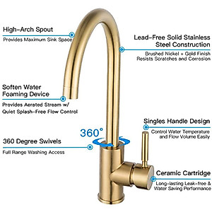 WEITOL Kitchen Sink Faucet for Bar Farmhouse Commercial, Stainless Steel Wire Drawing Golden Kitchen Faucet, Hot and Cold Water Faucet, Mixer Tap Kitchen Accessories