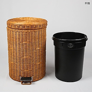 Wicker Trash Can with Lid Bathroom, Removable Liner Bucket Wastebasket, Slow Down Silent Pedal Garbage Bin with Lid, Round Rattan Garbage Can Trash Bin for Bathroom Living Room Kitchen ( Color : Yello
