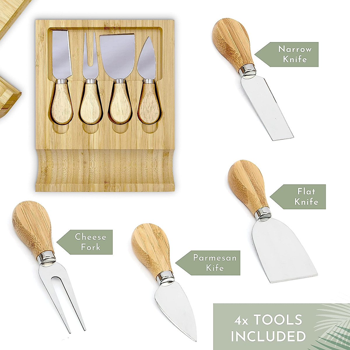 Bamboo Cheese Board and 4 Knives Set - Charcuterie Board with Knives, 13” Large Charcuterie Platter and Serving Tray, Housewarming Gift, and Wedding Gift