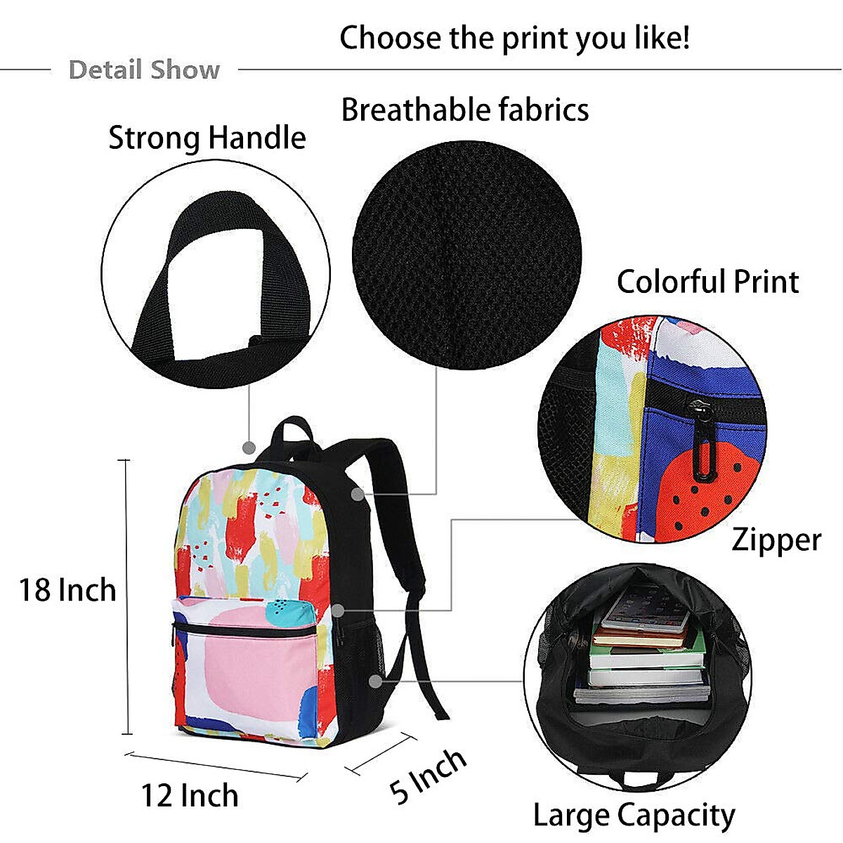 Delerain Rainbow Colors Monkey Head School Backpack Lightweight Travel Daypack Shoulder Bag 17 Inch Plus Laptop Bag Book bag for 1-6th Grade Boys Girls Back to School
