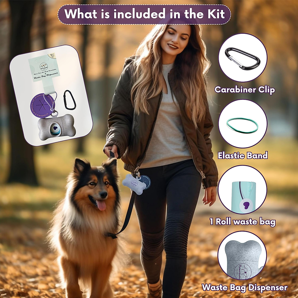 Petmarkable Complete Earth-Conscious Dog Waste Kit: Wheat Straw Waste Bag Dispenser with one corn starch 15-bag waste bag roll, Carabiner, Elastic Band for Secure Leash Attachment, Leak-Proof (Blue)