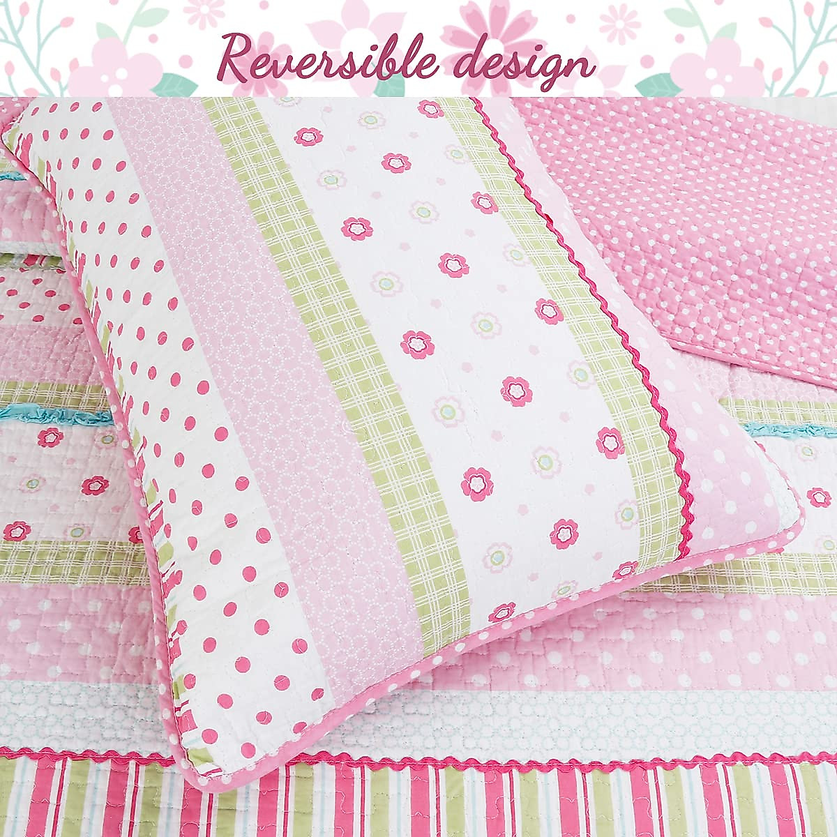 Cozy Line Home Fashions Pink Polka Dot Flower Girl 100% Cotton Reversible Quilt Bedding Set, Coverlet, Bedspread (Greta Pastel, Twin - 2 Piece: 1 Quilt + 1 Sham)