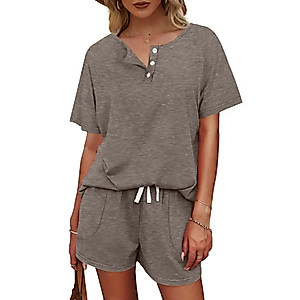 WIHOLL Lounge Sets for Women Shorts Short Sleeve Pajama Set Khaki XL