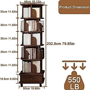 MMV 5 Tier Rotating Bookshelf, 360° Display Bookcase with Cabinet, Mobile Bookshelf with Wheels, 79" Tall Bookcase for Narrow Space, Spinning Wood Bookshelf Tower for Home Office, Study Room, Walnut