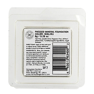 Honeybee Gardens Pressed Mineral Powder Foundation Refill, Malibu, Medium Olive Shade, Adjustable Coverage, Natural Finish, With Botanical Extracts And Vitamin E, 7.5g