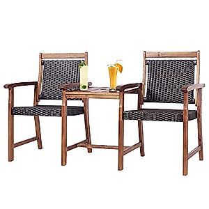 HAPPYGRILL Patio Bistro Set Acacia Wood Loveseat Chair with Side Table, 3 in 1 Rattan Wicker Patio Bench with Umbrella Hole for Garden Porch Backyard