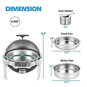 Roll Top Chafing Dish Buffet Set, 6.8 Quart Full Size Pan Chafer, Round Stainless Steel Set, for Wedding, Parties, Banquet, Catering Event, 1 Pack