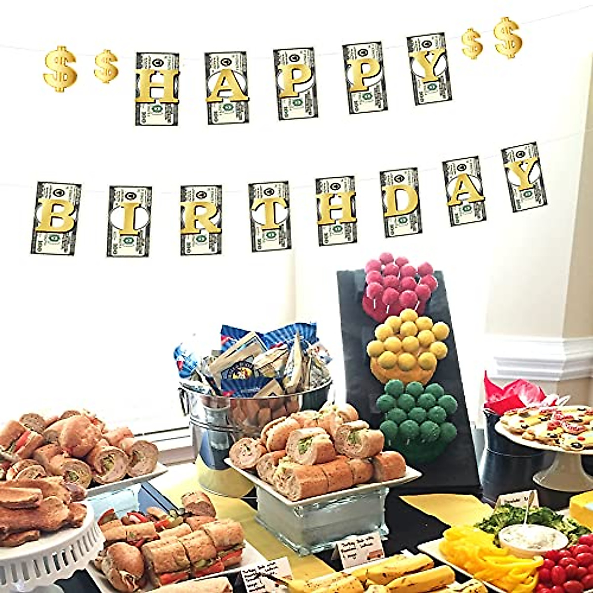 YiiiGoood Money Theme Decoration KIT Bill Dollar Signs Birthday Banner & Cupcake Toppers & Crown Set for Birthday Casino Wedding Showers Retirement Anniversary Graduations Party