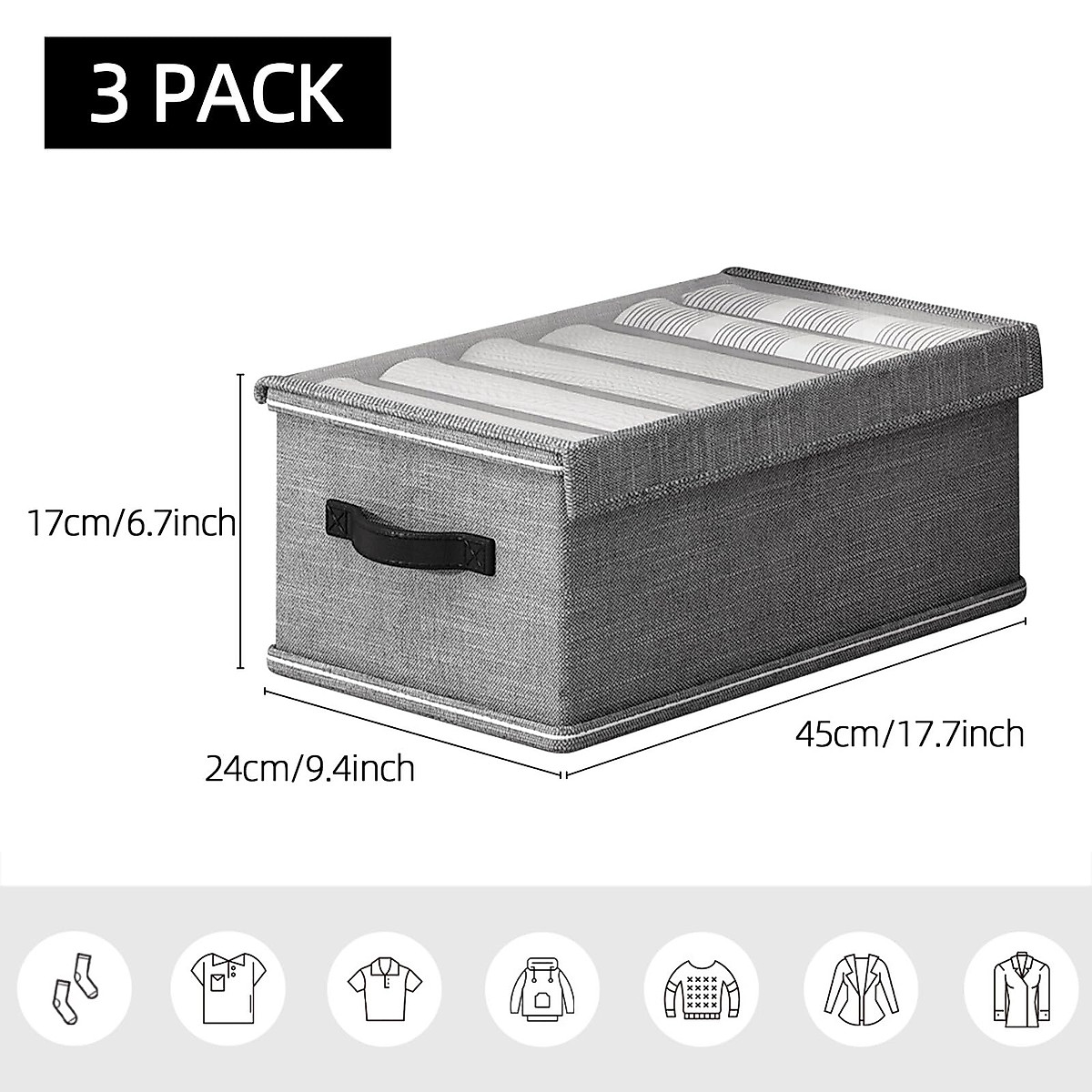 Ohlove 3Pcs Large Wardrobe Clothes Organizer with Lid, 6 Grids Foldable Stackable Fabric Drawer Organizer Dividers Storage Box for Jeans, Pants, T-shirts, Sweater, Scarves, Bras