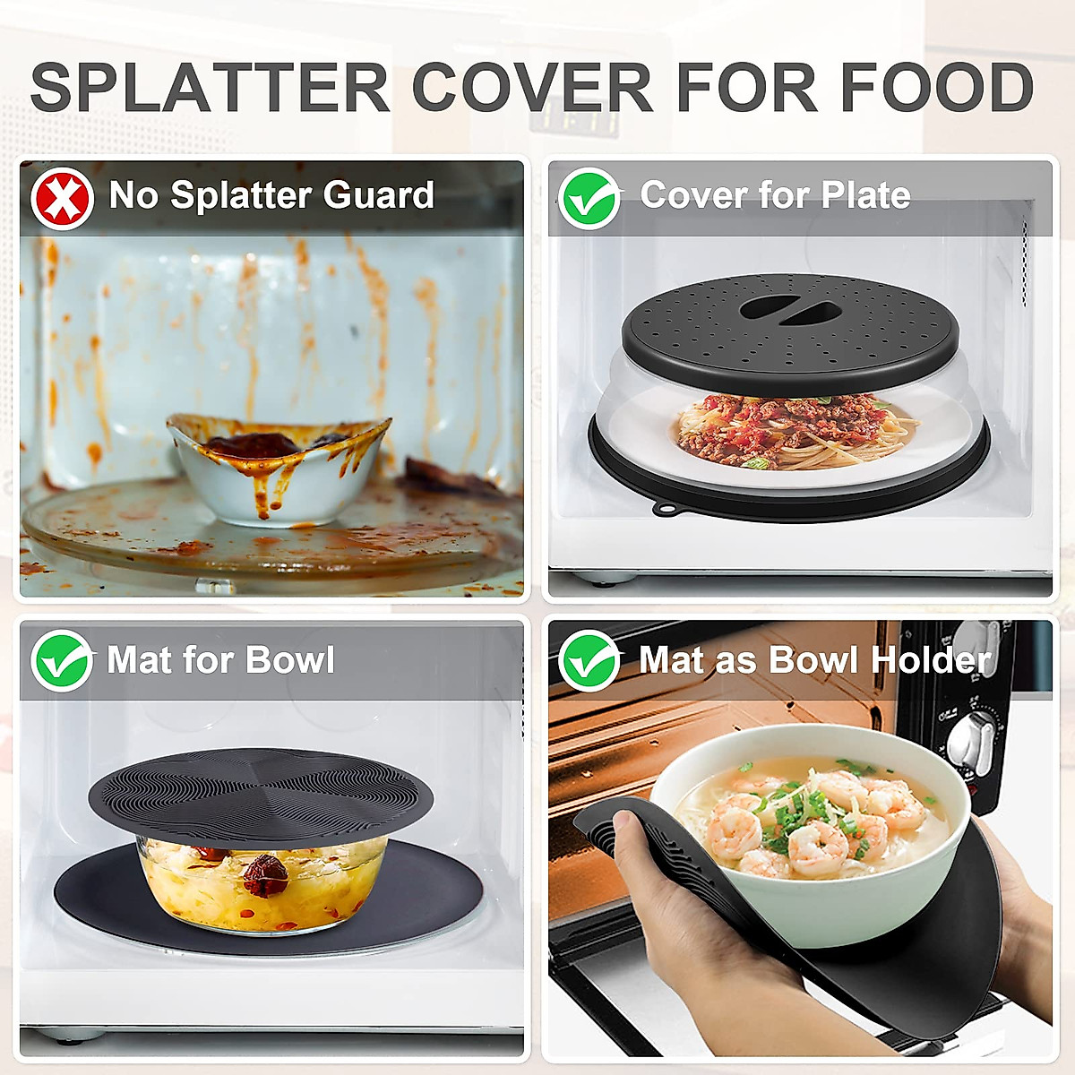 3 in 1, JesDiary Microwave Cover & Multi-purpose Mat-10" as Bowl Holder, 8" as Bowl Lid, Cover for Plate Food Splatter Guard & Kitchen Colander Gadget,Collapsible BPA Free Dish Washing Safe,Dark Grey