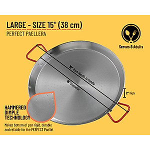 PAELO Polished Steel Paella Pan, 15 inch (38cm) Carbon Steel Pan, Large Professional Grade Paellera Imported From Spain for 8 Servings of Paella Rice, Made by Garcima