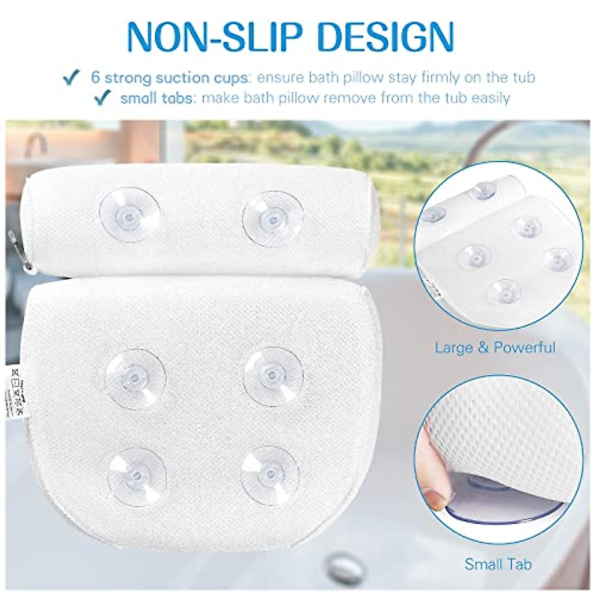Idle Hippo Bath Pillow Bathtub Pillow, Bath Pillows for Tub Neck and Back Support with 6 Non-Slip Suction Cups, Ergonomic Bath Tub Pillow Headrest, Luxury Bath Accessory Spa Gifts for Bathtub, Hot Tub