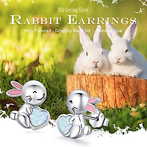 Bunny Earrings for Women Sister Daughter 925 Sterling Silver Cute Rabbit Stud Earrings with Love Opal Hypoallergenic Easter Birthday Christmas Holiday Jewelry Gifts for Sensitive Ears