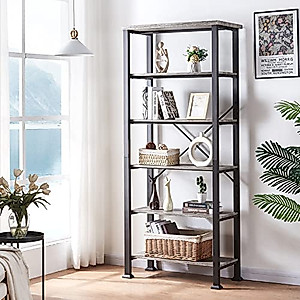 HOMBAZAAR Bookshelf, 6-Tier Vintage Industrial Book Shelf, Rustic Wood and Metal Bookcase and Bookshelves, Free Standing Storage Large Bookshelf for Living Room, Bedroom and Kitchen, Grey Oak