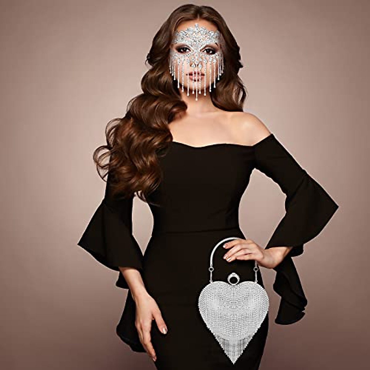 Amylove Heart Shape Tassel Evening Clutch Bag Silver Masquerade Tassel Mask Chain for Women Rhinestone Purse Face Jewelry for Wedding Party Cosplay