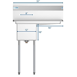 KoolMore 1 Compartment Stainless Steel NSF Commercial Kitchen Prep & Utility Sink with Drainboard - Bowl Size 12" x 16" x 10", Silver