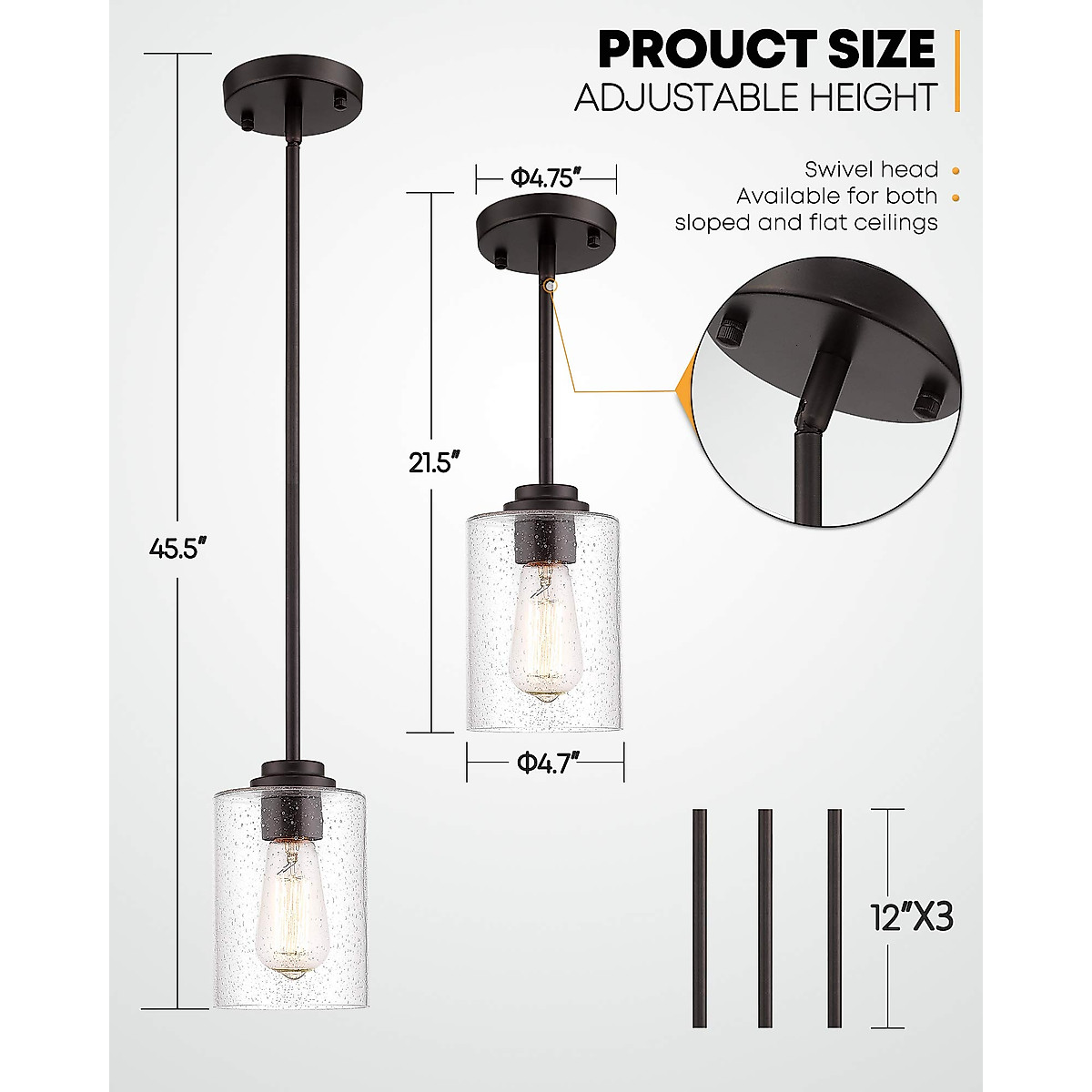 Beionxii Glass Pendant Light | Farmhouse Mini Pendant Lighting for Kitchen Island Dining Room Over The Sink, Oil Rubbed Bronze with Bubble Glass - DMD9002-1H/2PK