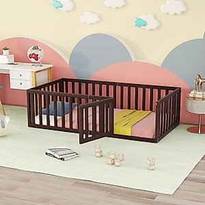 LZ LEISURE ZONE Twin Size Platform Bed with Fence, Solid Wood Floor Bed Frame with Door, Twin Size Daybed Fram, Espresso