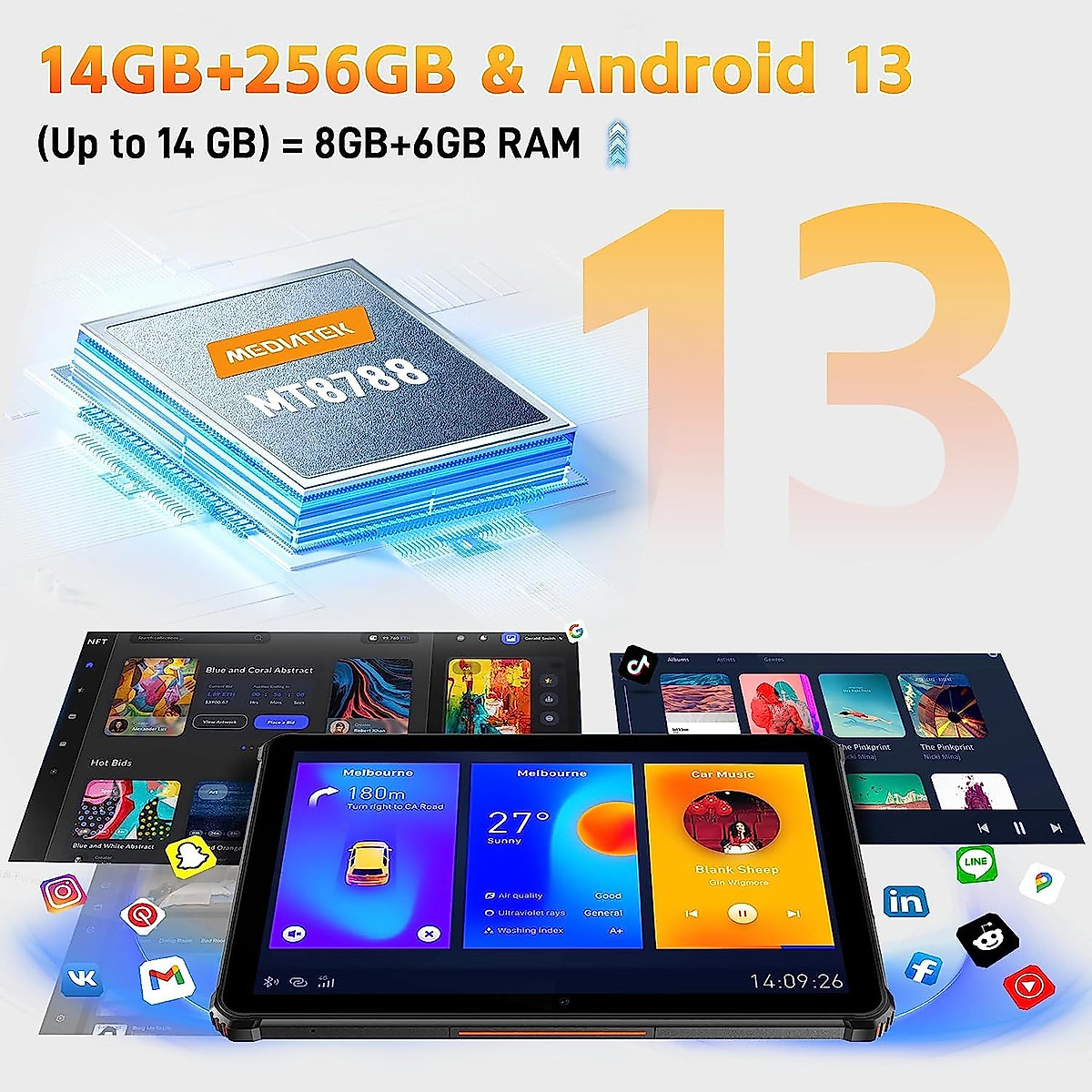 OUKITEL RT5 Rugged Tablet,10.1" FHD+ Screen,11000mAh Large Battery,14GB RAM +256GB ROM(1TB Expandable),Android 13 Tablets,16MP+16MP Camera,4G Dual SIM/5G WiFi/GPS/OTG Waterproof Tablet PC (Black)