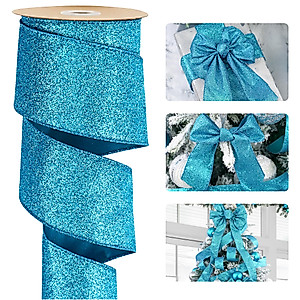 HUIHUANG Turquoise Christmas Ribbon 2-1/2" Sparkle Metallic Glitter Wired Ribbon for Tree, Bows Making, Wreath Supplies, Gift Wrapping, Garland, Home Decor, Crafts -10 Yards