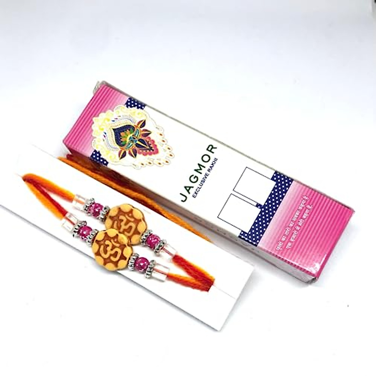 Set of 2 Rakhi Thread, Brown OM with Crystal and Pink Beads Rakhi, Rakhi for Bhaiya, Rakhi for Bhabhi, bhai, Brother.
