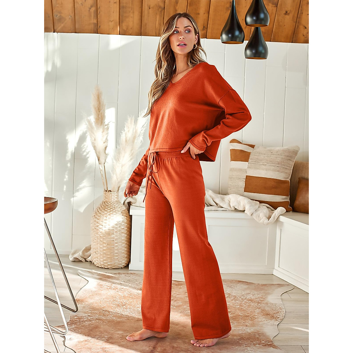LILLUSORY Women's Two Piece Outfits Sweater set Knit Top Set And Loose Wide Leg Pants Lounge Sweatsuit