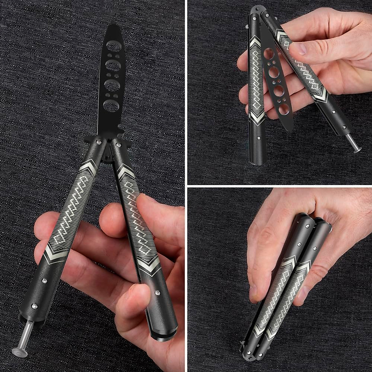 GOOD WORKER Butterfly Knife Trainer - Practice Balisong Butterfly Knives NOT Real NOT Sharp Blade - Black Dull Trick Butterfly - Butter Fly Training K14B