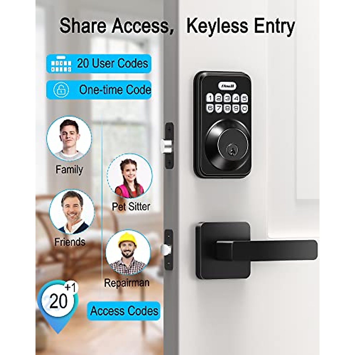 Keyless Entry Door Lock with 2 Handles, Zowill Electronic Keypad Deadbolt, Auto-Locking, Anti-Peeping Password, Digital Smart Code Door Lock, Front Door Handle Sets, Matte Black