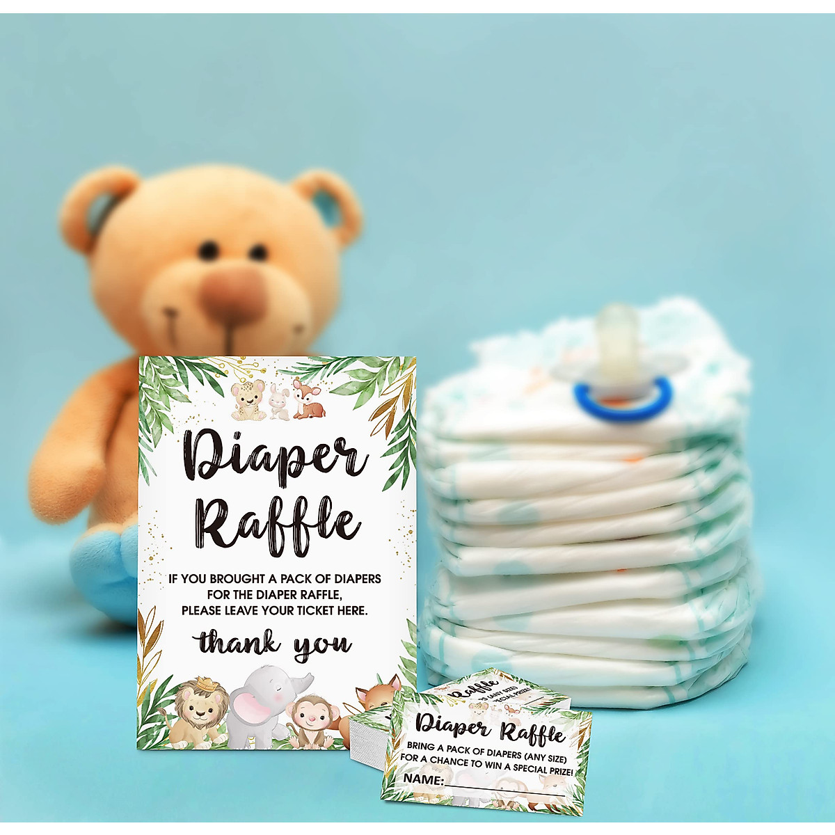 Diaper Raffle Baby Shower Game Set(1 Standing Sign + 50 Guessing Cards), Safari Diaper Raffle Tickets for Baby Shower, Jungle Baby Shower Party Favor Decor - A16