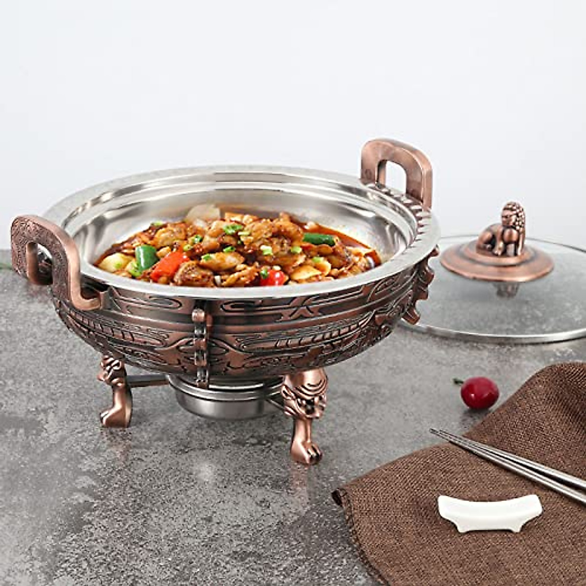 26cm Chafing Dishes & Food Warmers, Round Chafer Catering Buffet Tray Server Set with Food Pan and Fuel Holders, for Caterings Parties Daily Use,Red Bronze