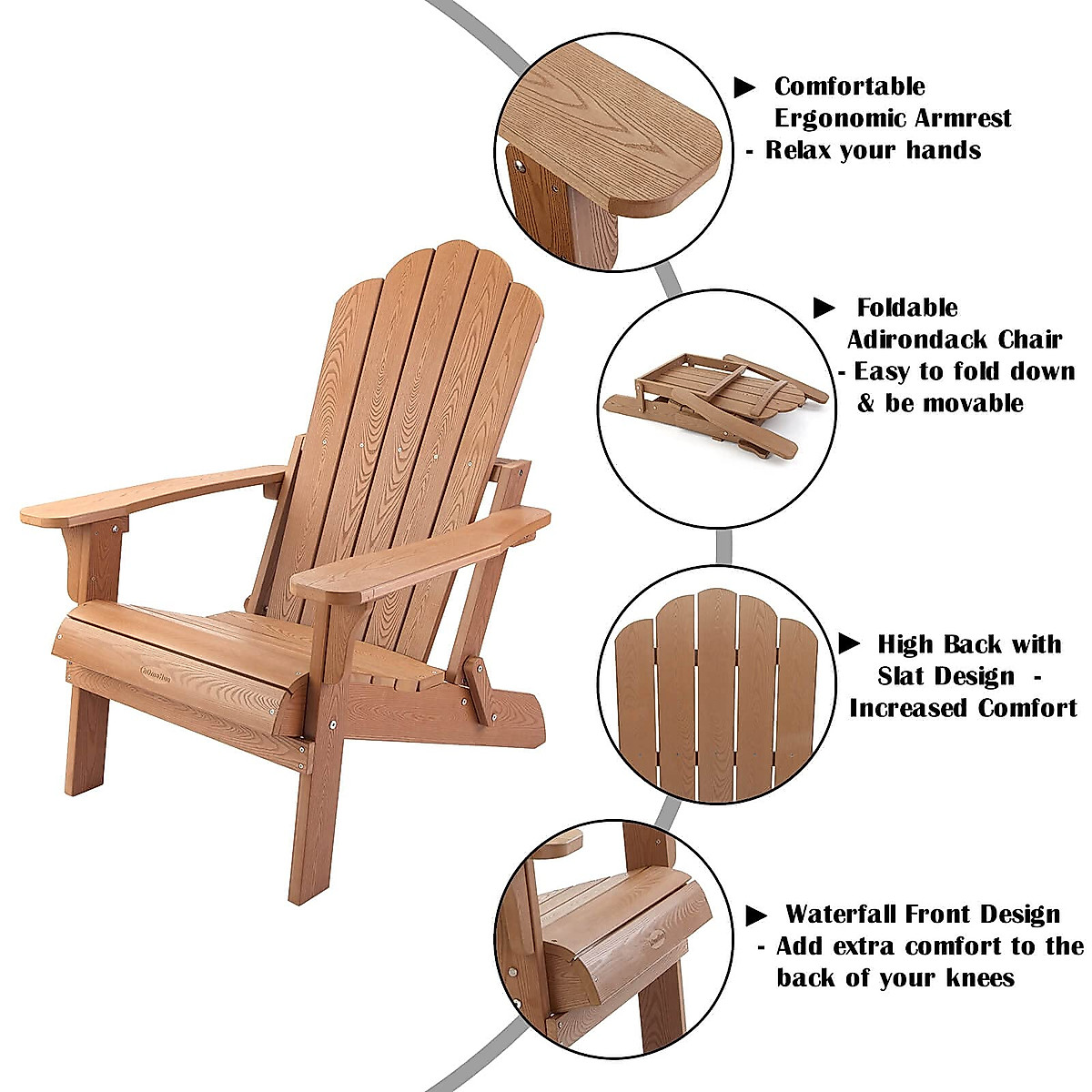 hOmeHua Folding Adirondack Chair Weather Resistant, Hard Plastic Imitation Wood Stripes Adirondack Chair, Easy to Fold Move & Maintain, Outdoor Chair for Patio, Backyard Deck, Fire Pit - Wood Color