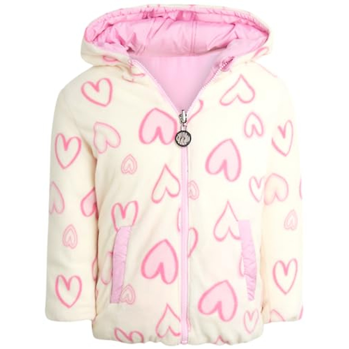 DKNY Baby Girls Winter Jacket – Reversible Puffer Jacket with Fleece Lining – Reversible Coat for Infants/Toddlers (12M-4T), Size 4T, Medium Pink/Pink Cream Hearts