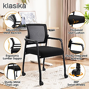 KLASIKA Waiting Room Chairs with Wheels, Adjustable Mesh Backrest, Desk Chair with Ergonomic Lumbar Support and Thickened Seats Cushion, Black