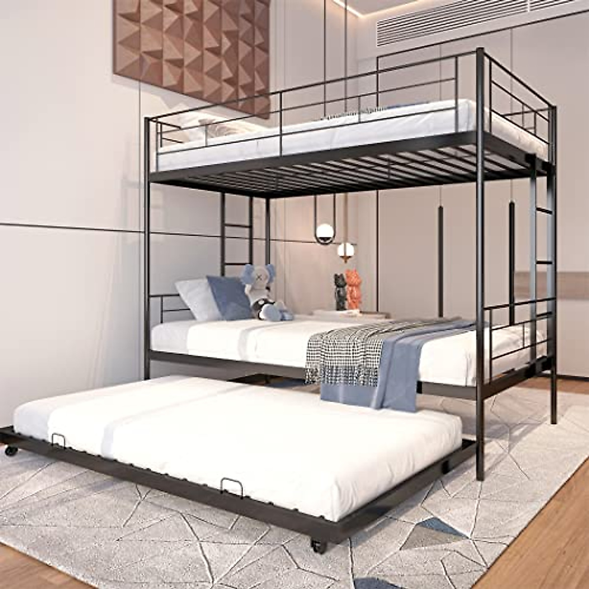 DaiNNCN Bunk Bed with Trundle Twin Over Twin,Can Be Divided Into 3 Bed Metal Heavy Duty - Black