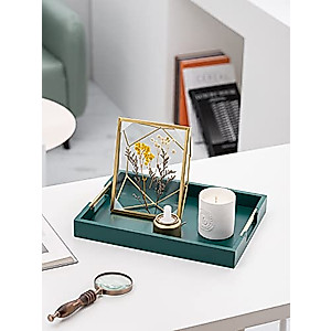 Kanwone Decorative Tray , 13.6"x9.8" Serving Tray, Rectangle Ottoman Tray with Gold Polished Metal Handles, Coffee Table Trays for Living Room Kitchen and Home Decor, Green