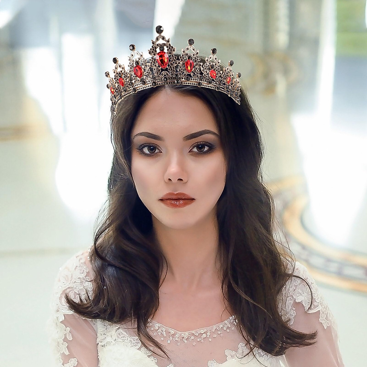 Lurrose Baroque Bride Crowns Black Rhinestones Gothic Chic Tiaras Vintage Crystal Queen Princess Crown Headpieces Headband for Wedding Prom Halloween Pageant (Red)