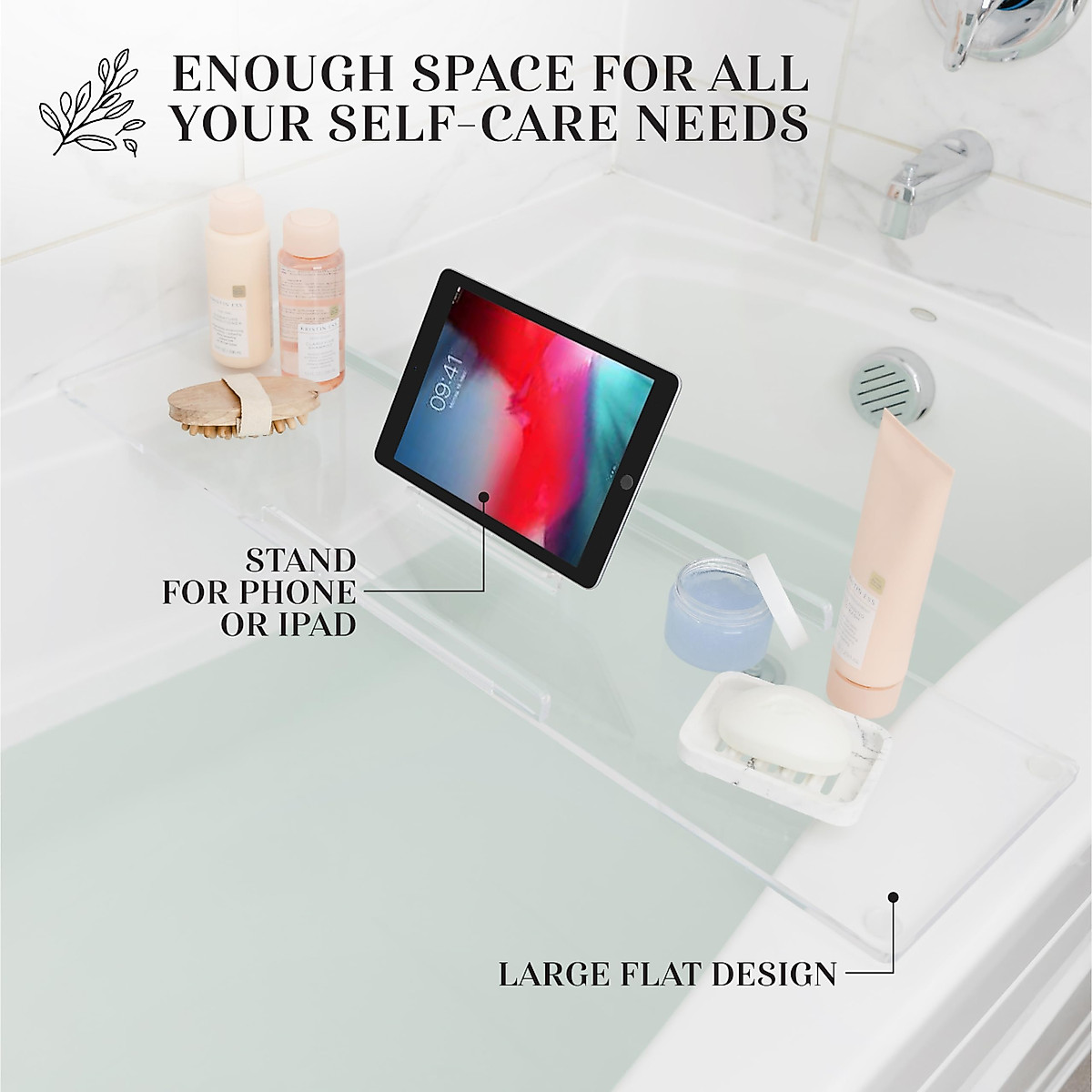 Rebecca Luxurious Bath, 32" Classic- Clear Bathtub Tray Caddy Tub Shelf, Spa Board Luxury Bathroom Bath tub Table, Waterproof Acrylic Tub Caddy Fits Across Bathtub, Book Rack, iPad, Easy To Clean(32")