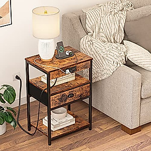Furologee Nightstand Set of 2 with Charging Station, End Table with USB Ports&Power Outlets, 3-Tier Storage Shelf Tall Bedside Table, Industrial Side Table with Fabric Drawer for Bedroom/Living Room