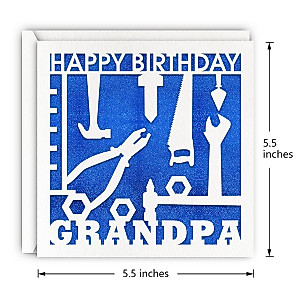 MAGJUCHE Grandpa Tools Birthday Card, Blue Glitter Laser Cut Greeting Card For Grandfather