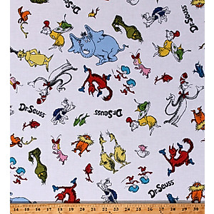 Fields Cotton Dr. Seuss Characters Horton Hears a Who Cat in The Hat Gren Eggs and Ham Lorax Children's Books Celebrate Seuss! White Fabric Print by Yard (ADE-10790-204PRIMARY), 44 Inches
