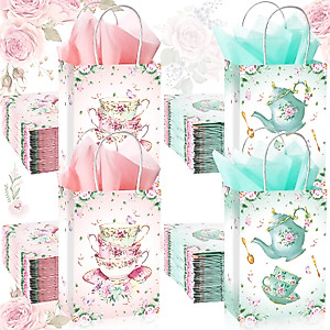 Locmeo 24 Pcs Tea Party Gift Bags with Tissue Paper Floral Teapot Goodie Treat Bags with Handles Tea Party Decorations for Kids Girls Wedding Baby Shower Birthday Party Favors Supplies, Pink and Green