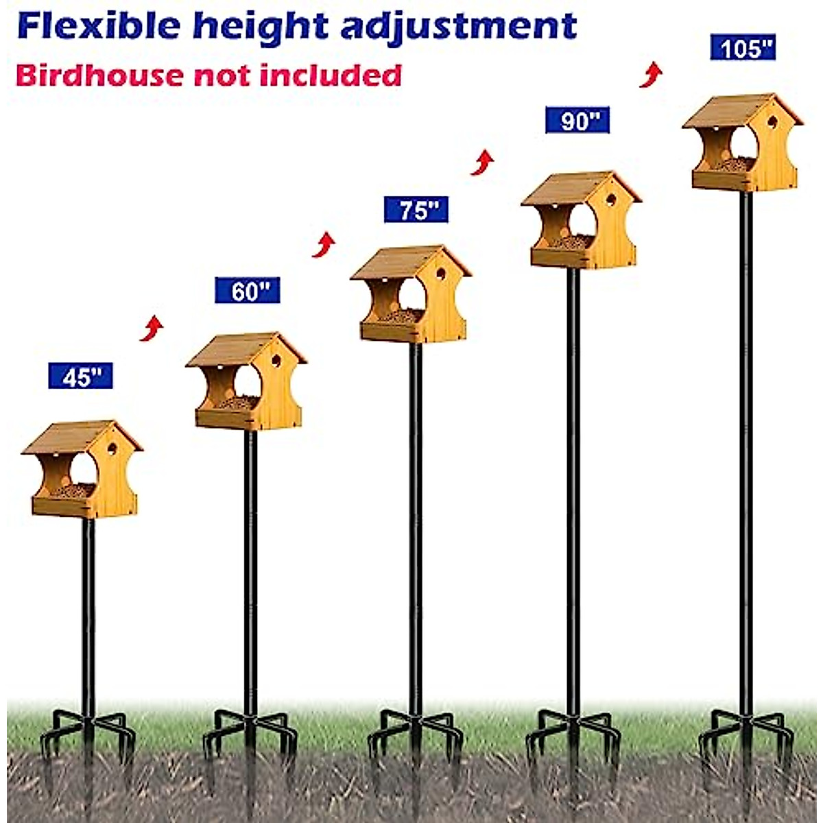 Garbuildman 105 Inch Bird Feeder Pole Kit, Heavy Duty Bird House Pole Set with 5-Forked Base, Adjustable Universal Mounting Post Kit for Outdoors, Matte Black, 1 Pack
