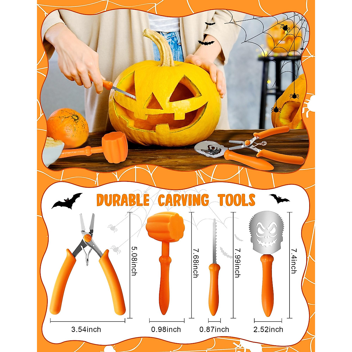 Pumpkin Carving Kit Tools 27 PCS Safe & Easy for Kids, Sturdy Halloween Pumpkin Carving Set with Stainless Steel Carve Stencils & Hammer for DIY Halloween Decoration Jack O Lanterns