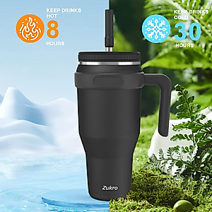 Zukro 40 oz Tumbler with Handle and Straw Lid， Leak Proof Vacuum Insulated Stainless Steel Water Bottle, Fit in Cup Holder, No Sweat, Keeps Drinks Cold 24 Hours, BPA Free, Dishwasher Safe - Black