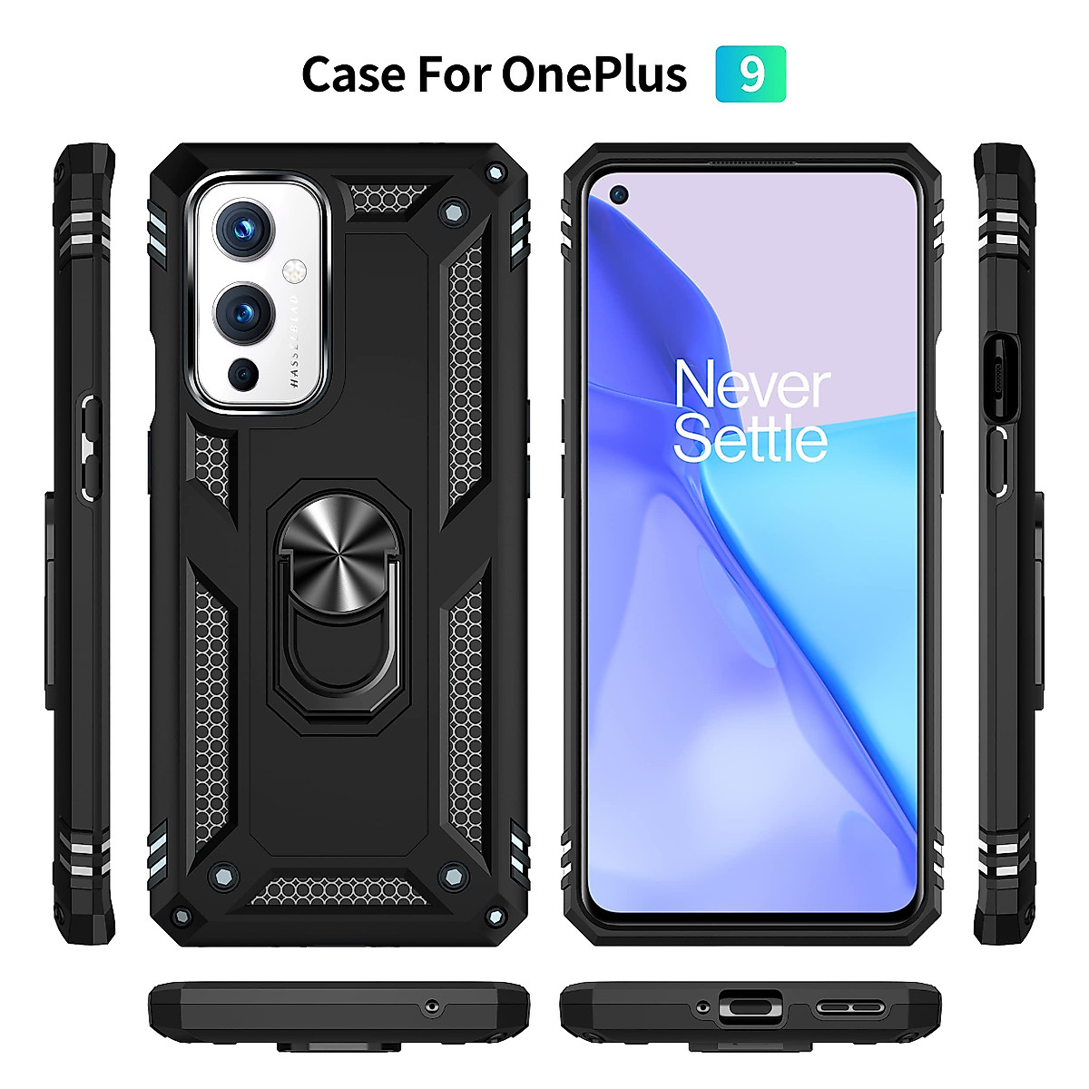 Dionsibei Military Grade Drop Impact for Oneplus 9 Case Oneplus 9 5G Case 360 Metal Rotating Ring Kickstand Holder Armor Heavy Duty Shockproof Case for Oneplus 9 Phone Case (Black)