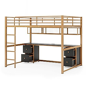 Full Size Modern Loft Bed with Desk, Cabinets, Drawers and Bedside Tray, Charging Station, USB Ports and Socket, Metal Bed Frame with Ladder and Guardrails for Kids Teens Adults (Gold+Black-01)