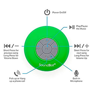 Soundbot SB510 Bluetooth Shower Speaker HD Water Resistant Bathroom Speakers, Handsfree Portable Speakerphone with Built-in Mic, 6hrs of Playtime, Control Buttons and Dedicated Suction Cup (Green)