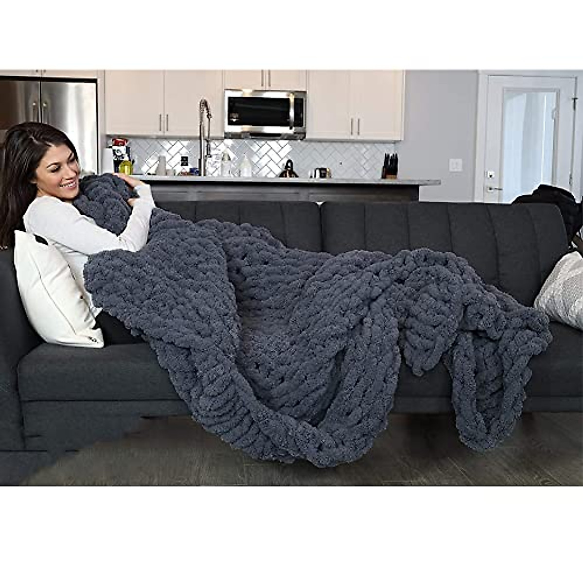 Chunky Knit Throw Blanket Soft Cozy Chenille Casual Handwoven Blanket for Bed Sofa Chair Home Decor (Dark Gray, 60" × 80")