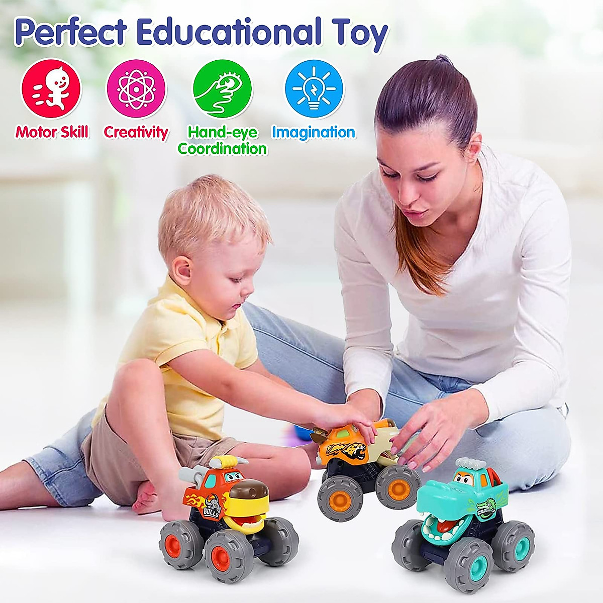 HOLA Toys for 1 + Year Old Boy Gifts, 3 Pack Monster Trucks for Boys Toys for 1 2 + Year Old Boy Girl Gifts, Friction Powered Pull Back Push and Go Toy Cars for Toddler 1-3 Baby Boy Toys 12-18 Months