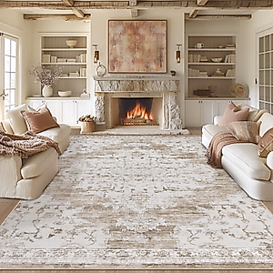 8x10 Area Rugs Washable Rug: Lagre Vintage Living Room Rug with Non-Slip Backing Low Pile Rug Soft Indoor Floor Thin Carpet Non Shedding Neutral Carpets for Bedroom Dining Room Farmhouse Nursery Beige